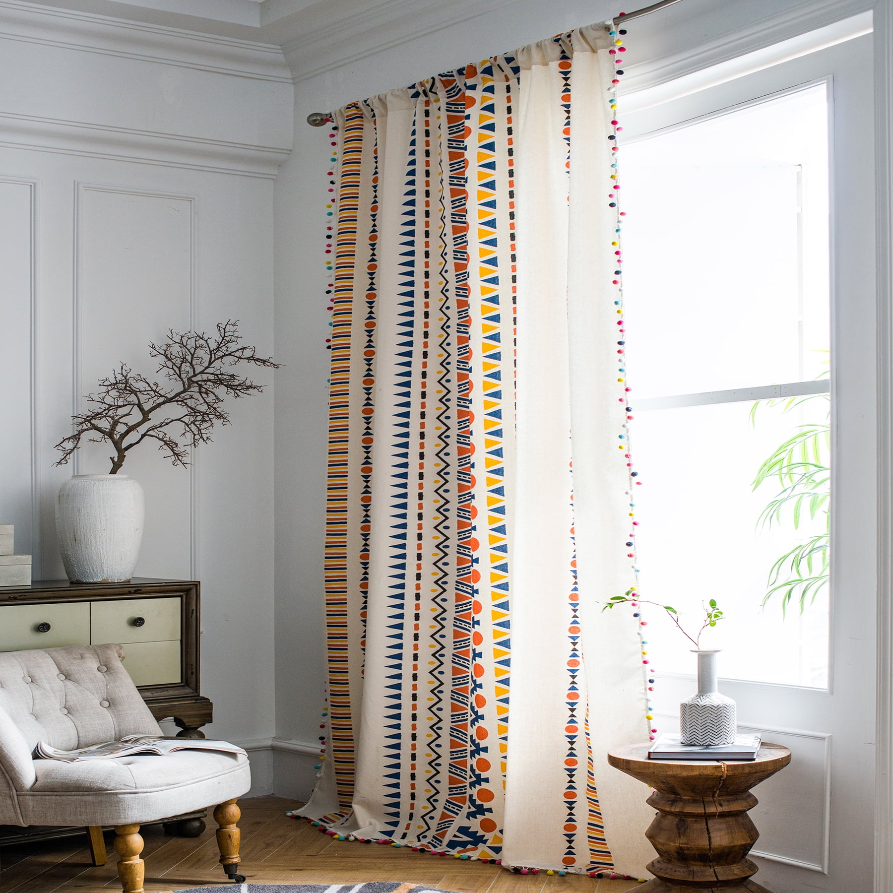 VOGOL Cotton Linen Pom-Pom Tasseled Curtains, Farmhouse Geometric ...
