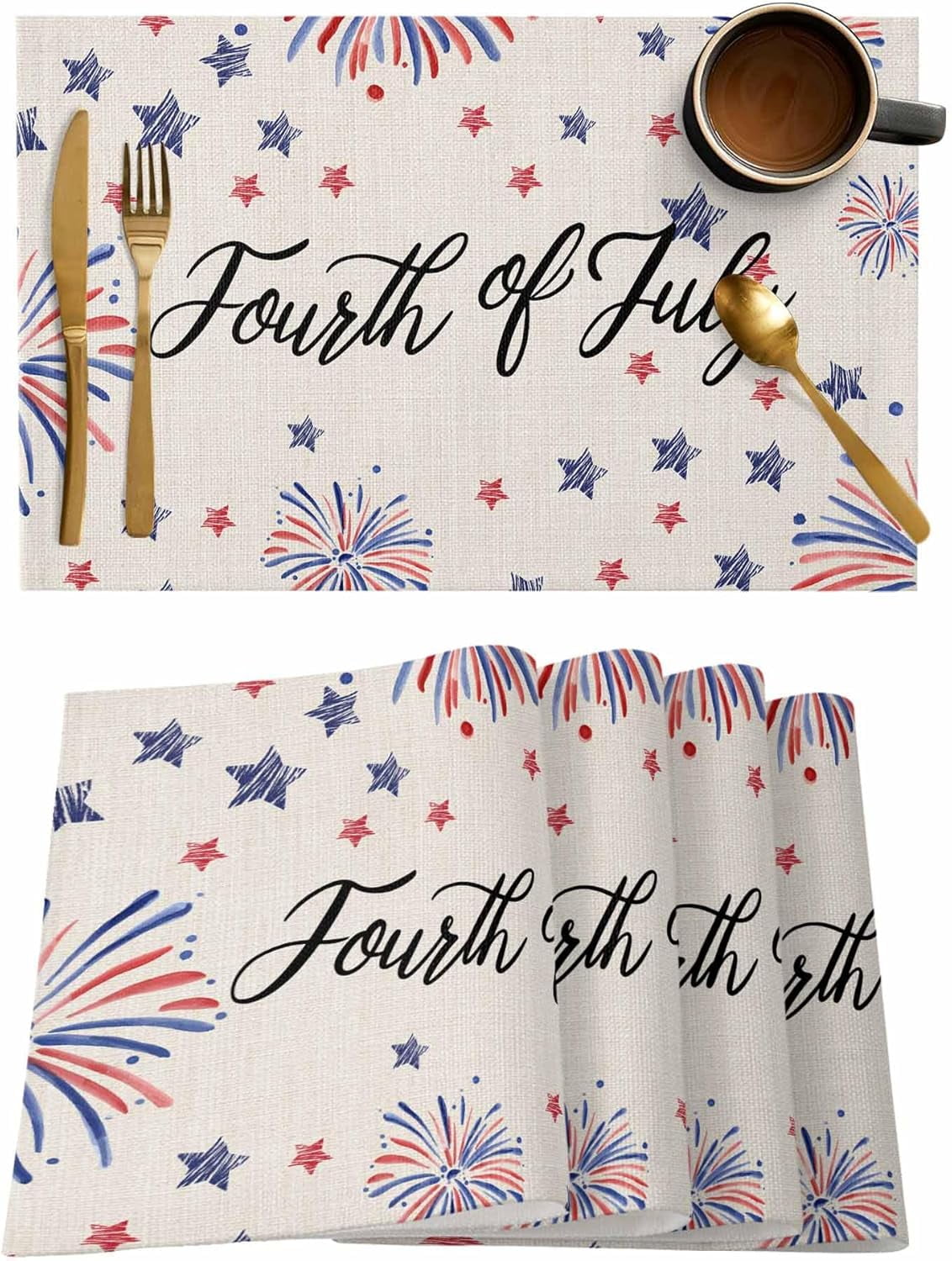 Cotton Linen Red and Blue Stars Placemat Fourth of July Placemats Set ...