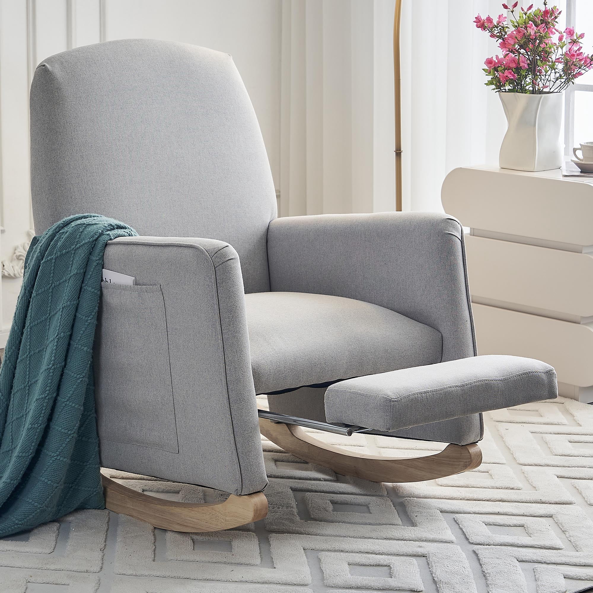 Cotton Linen Rocking Chair Adjustable Footrest, Wooden Legs 300 LBS ...