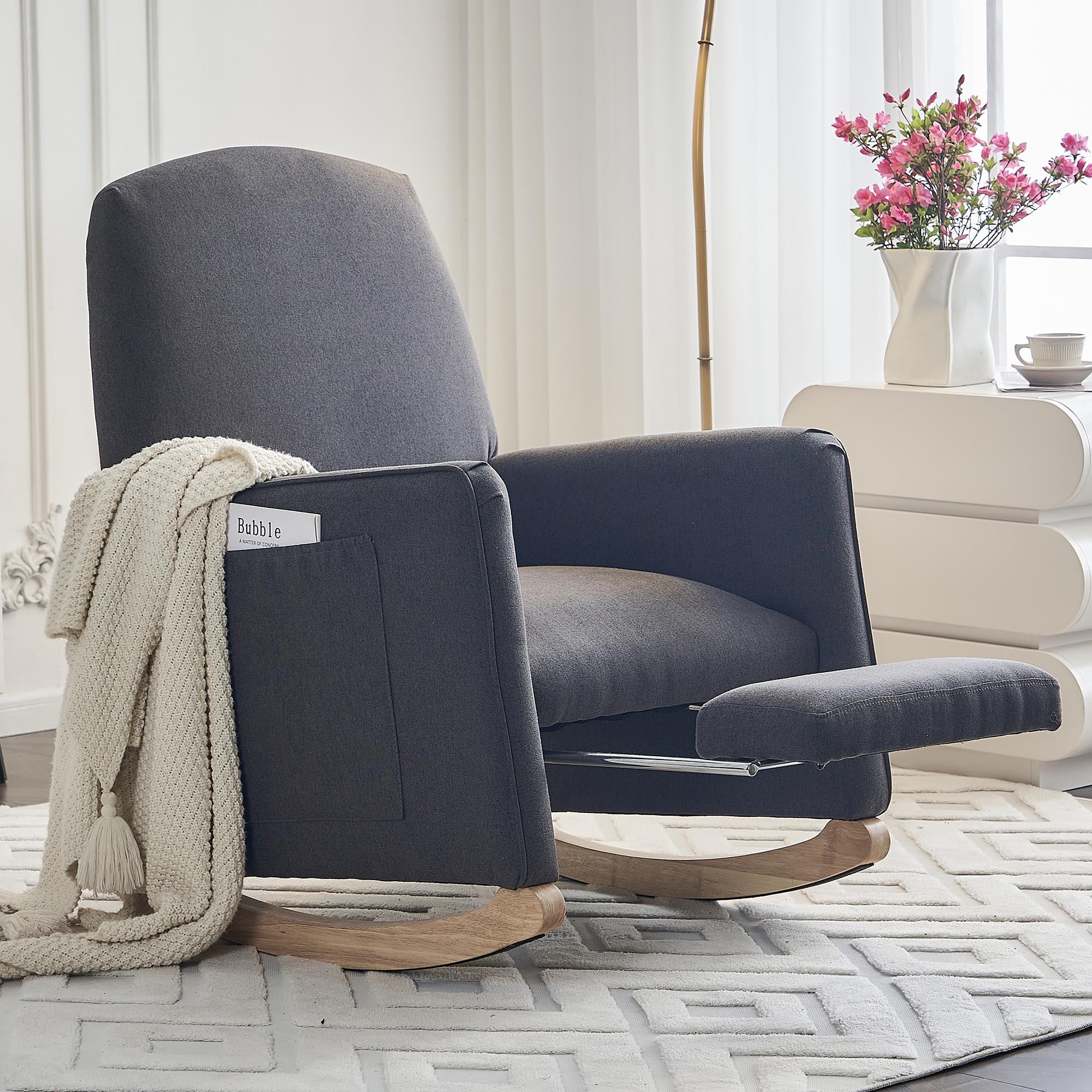 Cotton Linen Rocking Chair Adjustable Footrest, Wooden Legs 300 LBS ...