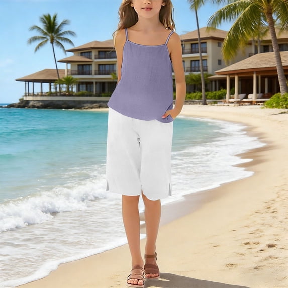 Cotton Linen Set for Girls 2 Piece Outfits Backless Spaghetti Strap ...