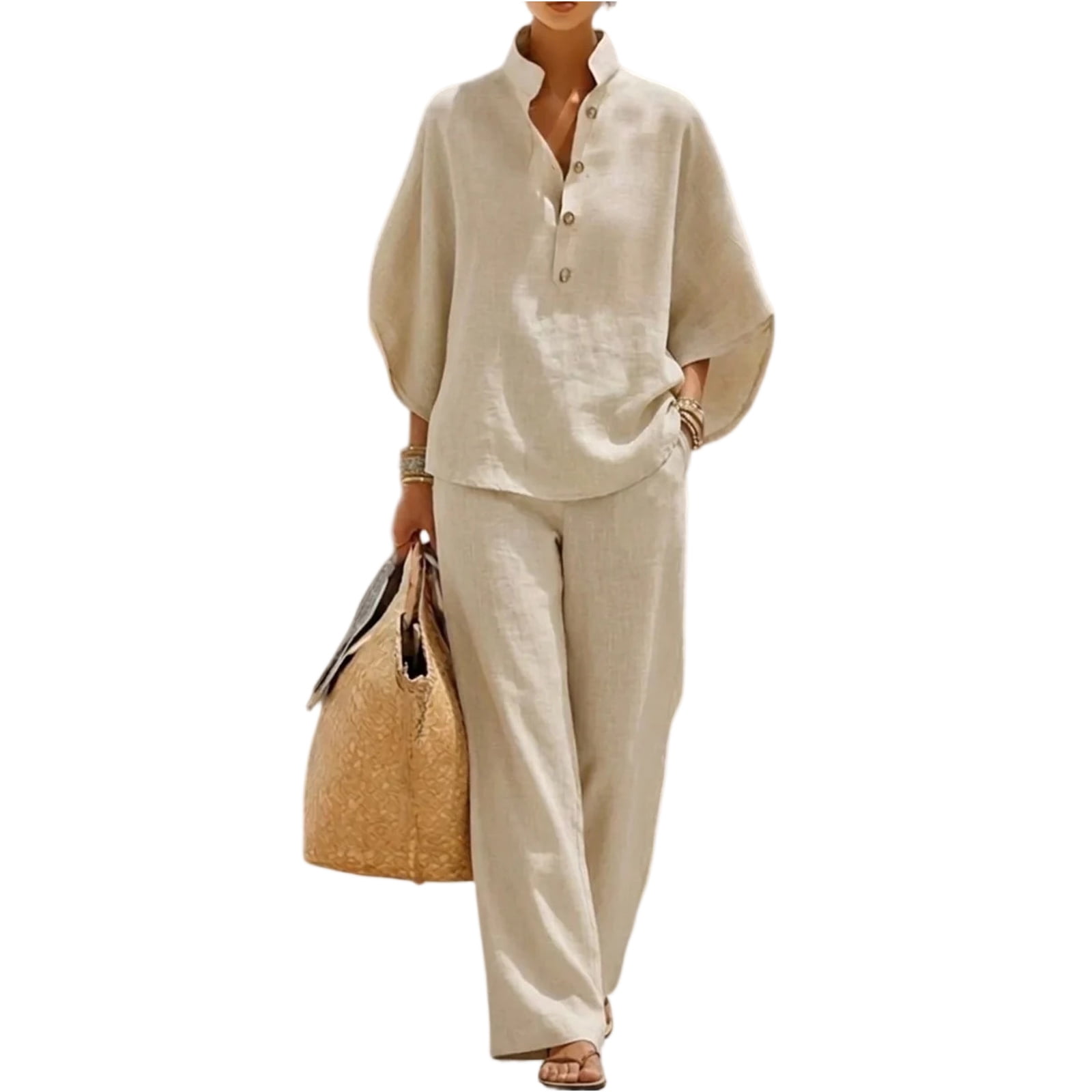 Cotton Linen Sets for Women 2 Piece Batwing Sleeve V Neck Button Shirts ...
