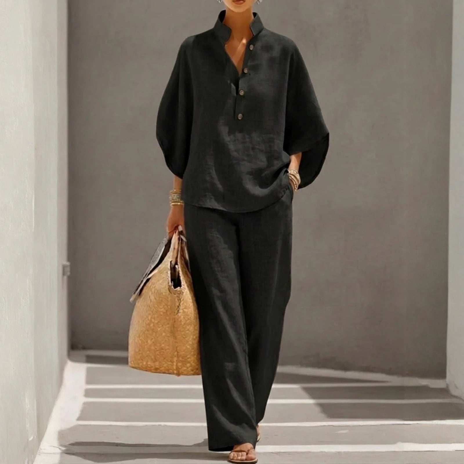 Cotton Linen Sets for Women 2 Piece Batwing Sleeve V Neck Button Shirts ...