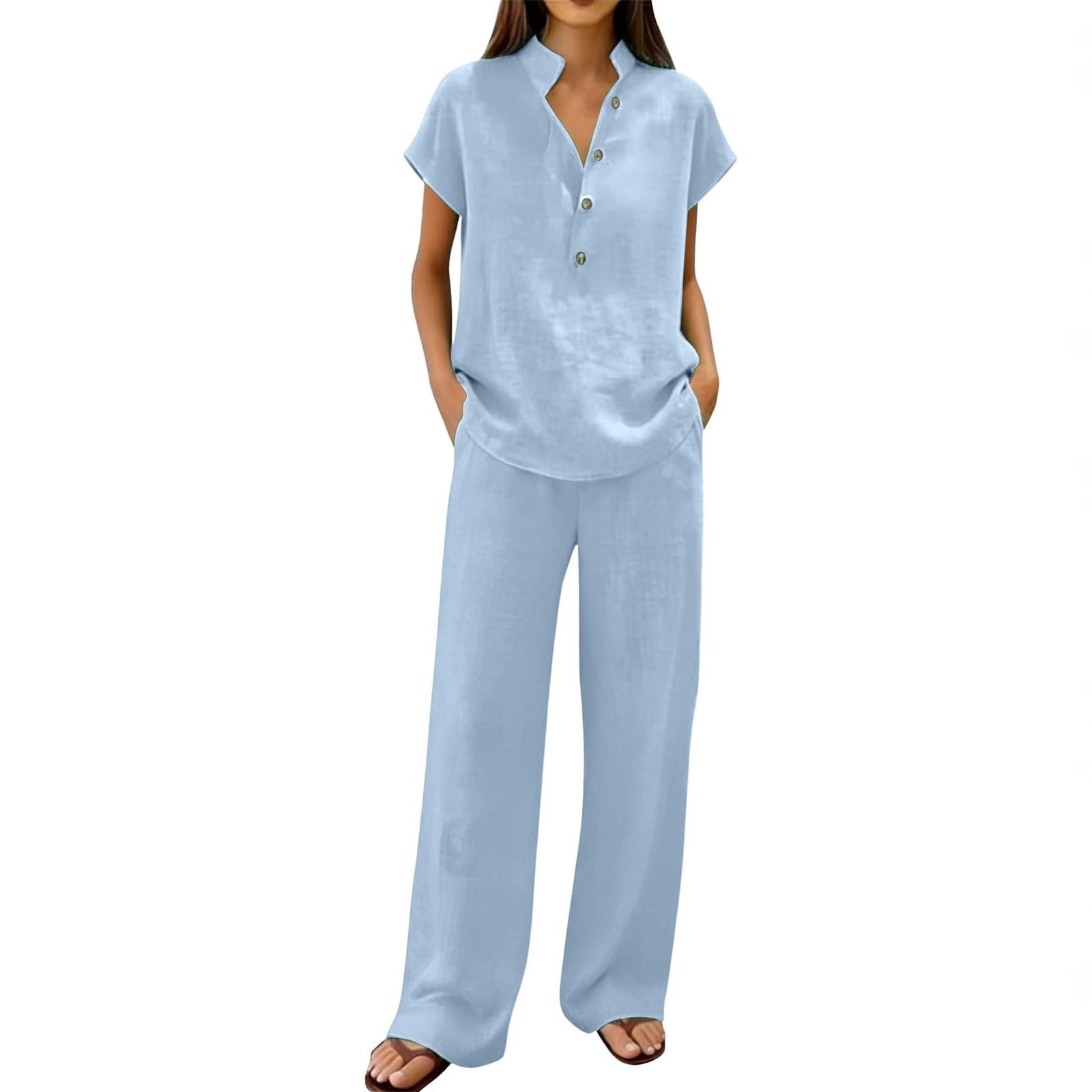 Cotton Linen Sets for Women 2 Piece Short Sleeve V Neck Button Shirts ...