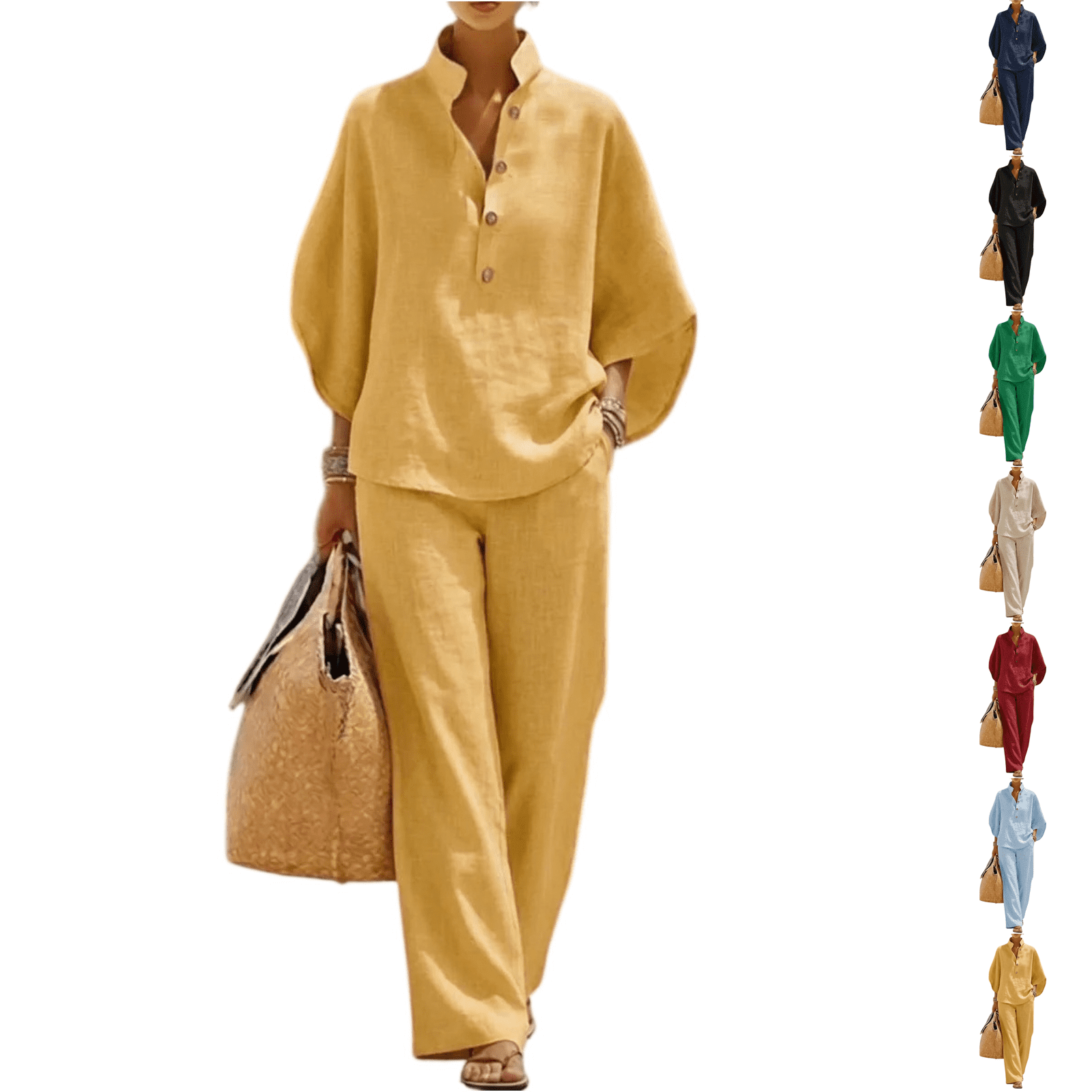 Cotton Linen Sets for Women 2 Piece Summer Outfits Batwing Sleeve V ...