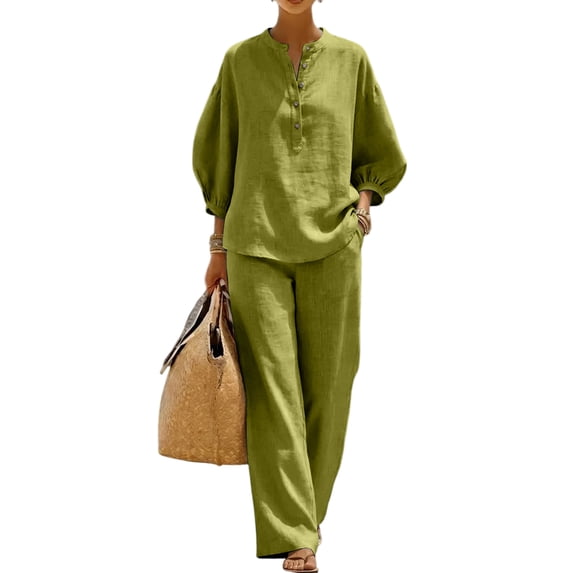 Cotton Linen Sets for Women 2 Piece Summer Outfits Batwing Sleeve V ...