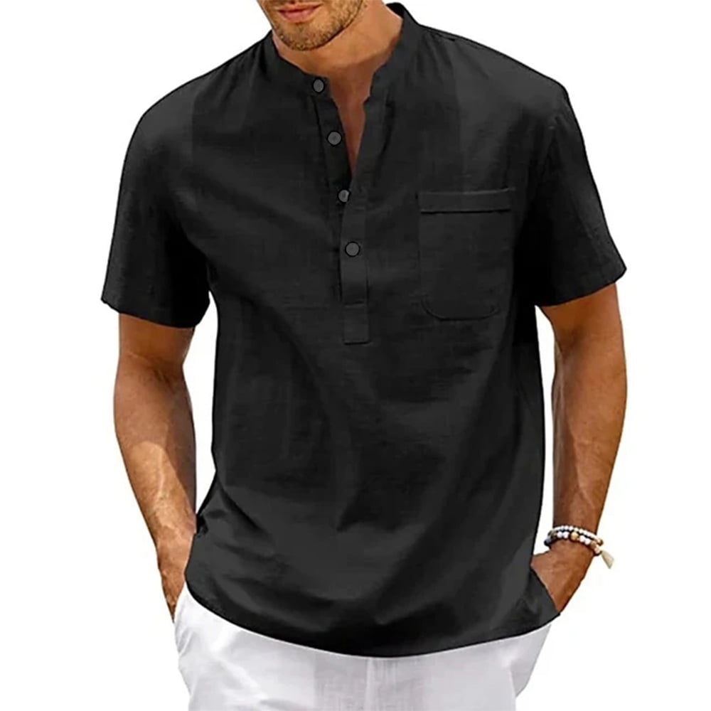 Cotton Linen Shirt Men Henley Neck Pocket Casual Beach Short Sleeve Solid Color Male Tops T ...