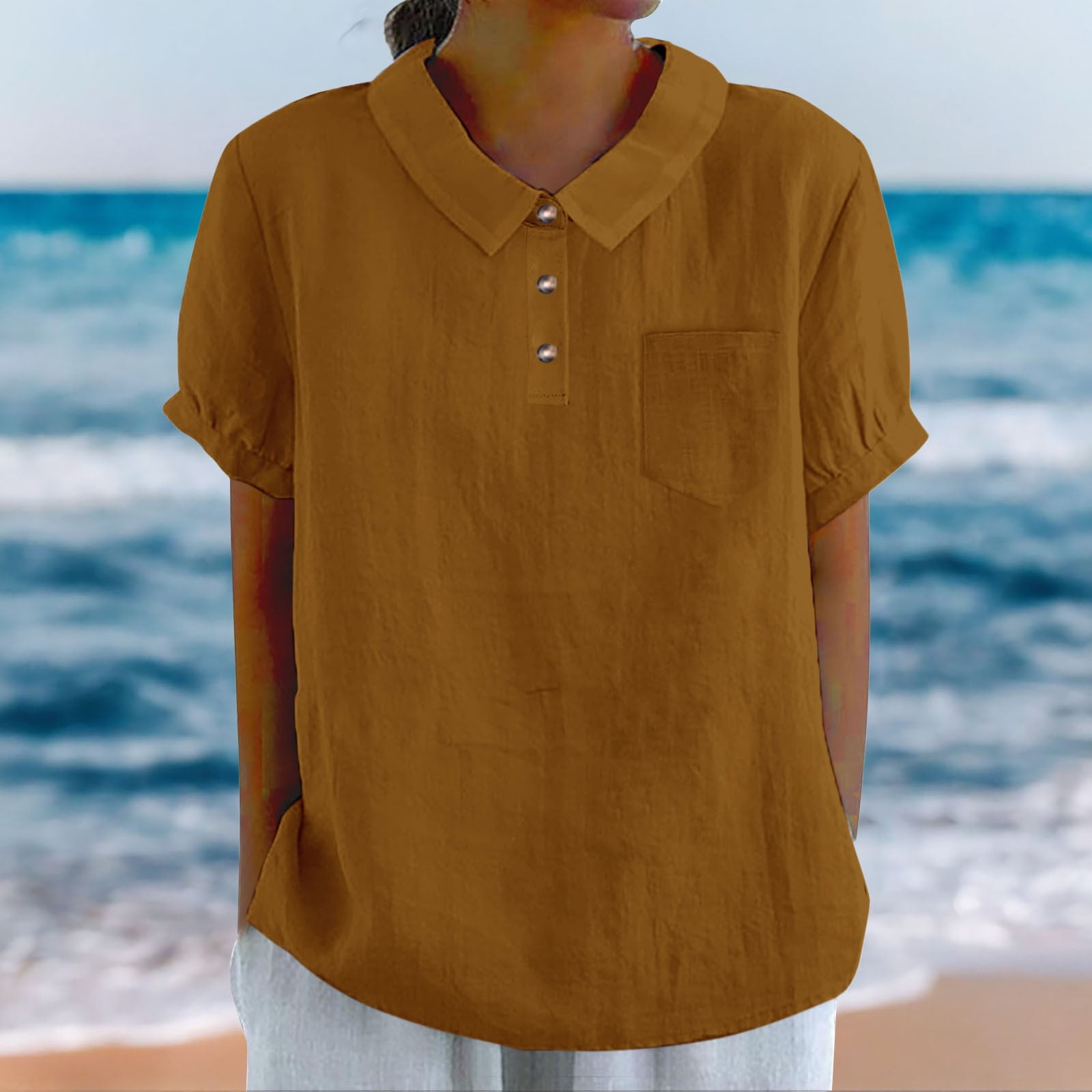 Cotton Linen Shirts For Women Summer Short Sleeve Casual Collared Work ...