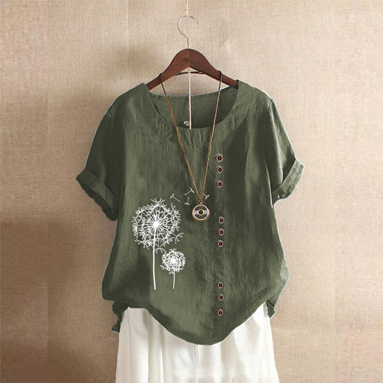 Cotton Linen Shirts Summer Boho Floral Short Sleeve Oversized Blouse Loose Tunic Tops, Flax ...