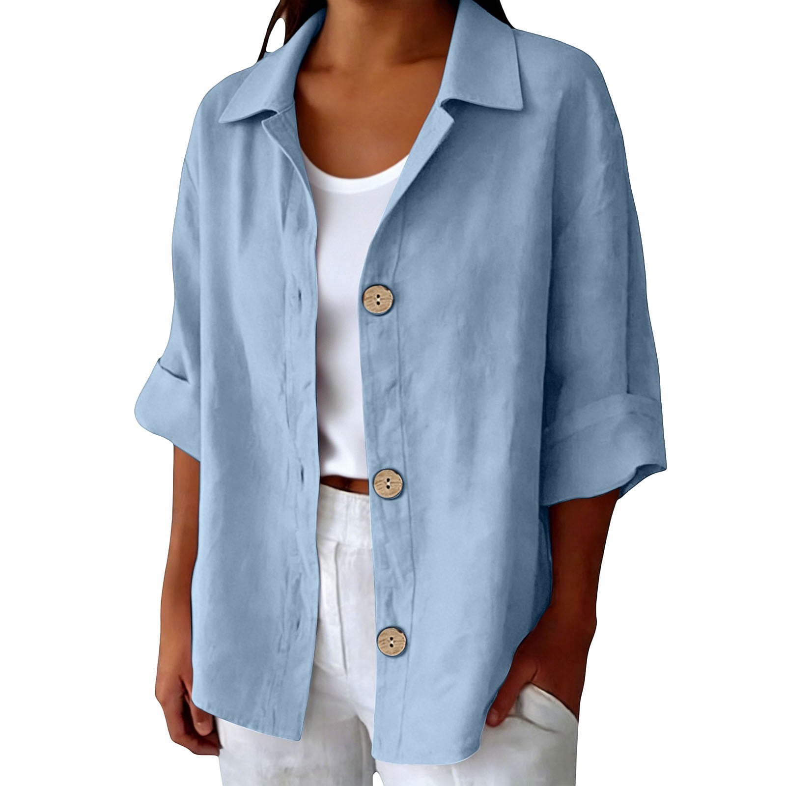 Cotton Linen Shirts For Women Loose Fit Shirt Women 3/4 Sleeve Shirts ...