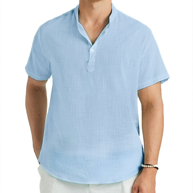 Mens Cotton Linen Shirt Short Sleeve Casual Henley with Grandad Collar for Big & Tall Beach Tee ...