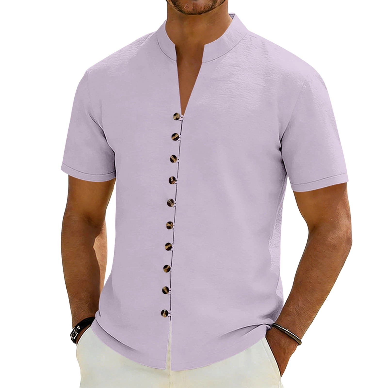 Cotton Linen Shirts for Men Short Sleeve Stand Collar Button Down Shirt ...