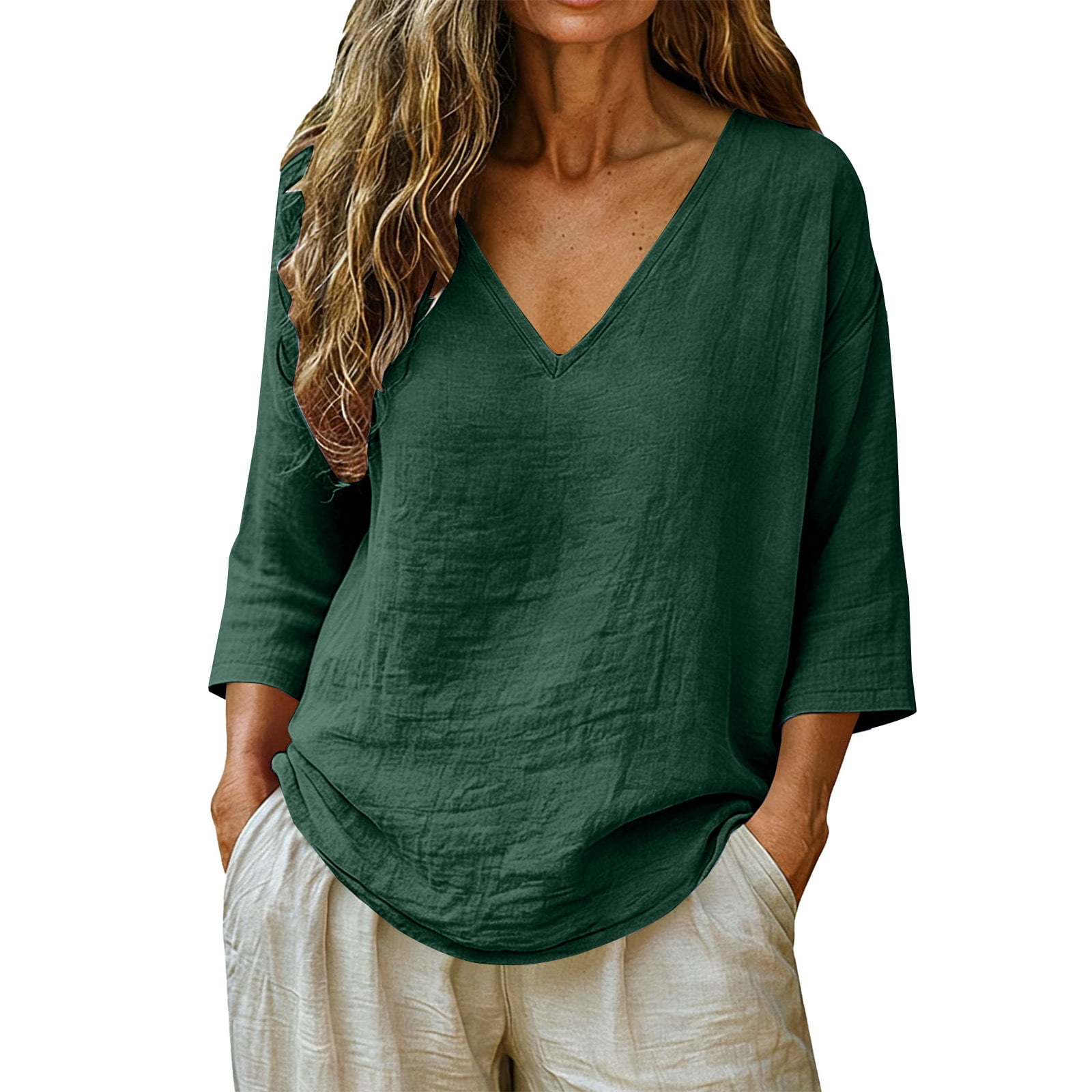 Cotton Linen Shirts for Women 3/4 Sleeve Shirt Casual Loose Fit Blouse ...