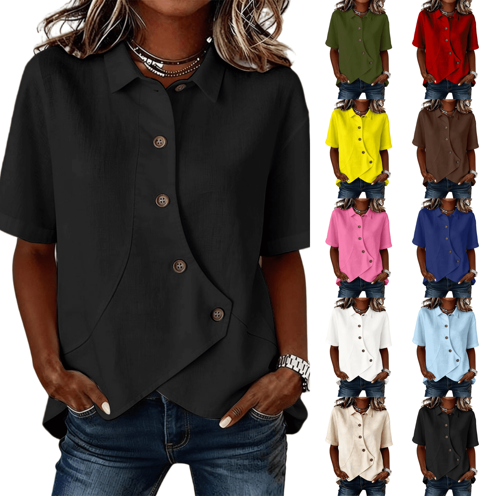 Cotton Linen Shirts for Women Asymmetrical Button Collared Blouses ...