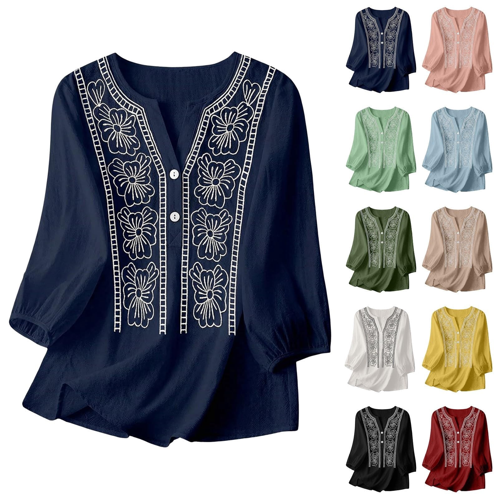 Cotton Linen Shirts for Women Boho Embroidered 3/4 Sleeve Blouse Dressy ...