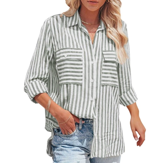 Cotton Linen Shirts for Women Button Down Front 2 Flap Pockets Long ...