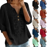 Cotton Linen Shirts for Women Embroidered 3/4 Sleeve Boho Blouse Casual ...
