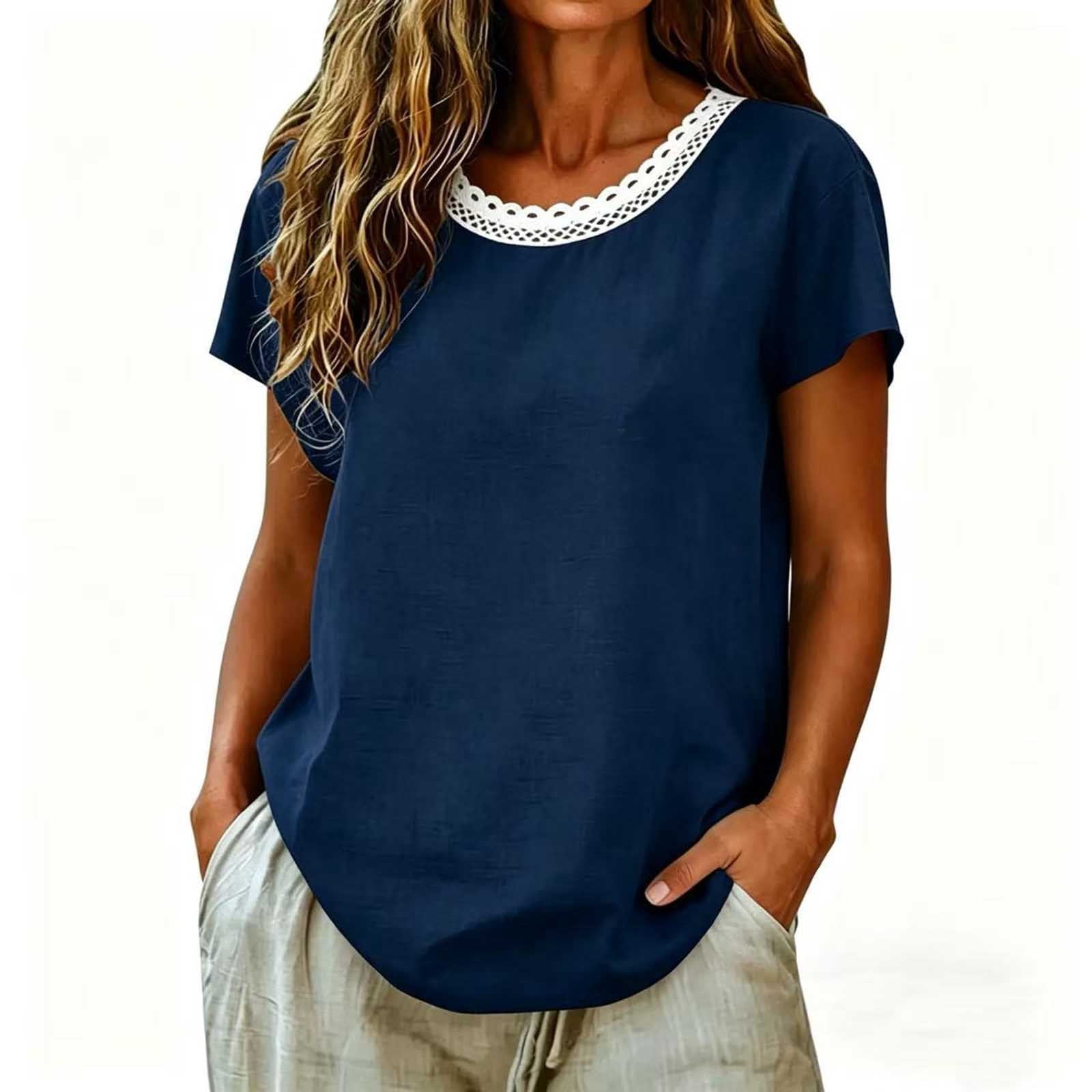 Cotton Linen Shirts for Women Lace Neck Casual Tops Solid Summer Tees ...