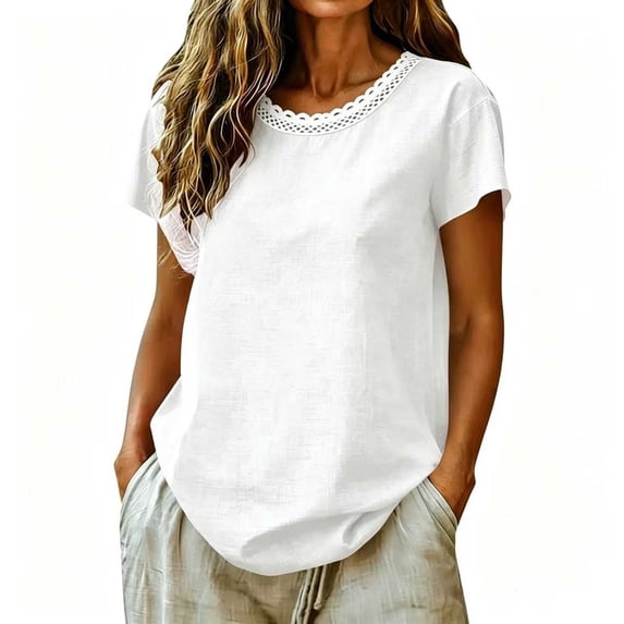 Cotton Linen Shirts for Women Lace Neck Casual Tops Solid Summer Tees ...