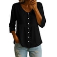 Cotton Linen Shirts for Women Plus Size Summer 3/4 Sleeve V Neck Button ...