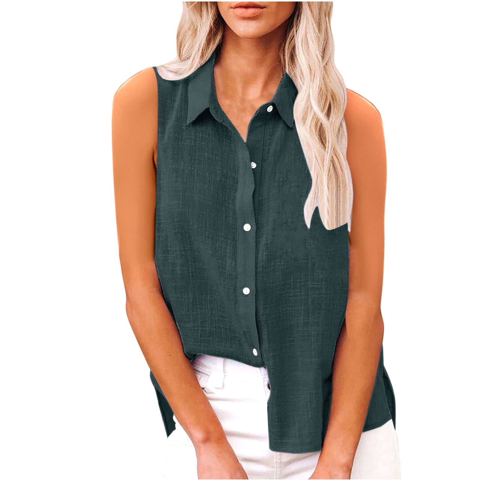 Cotton Linen Shirts for Women Sleeveless Collared Tops Oversized Button ...