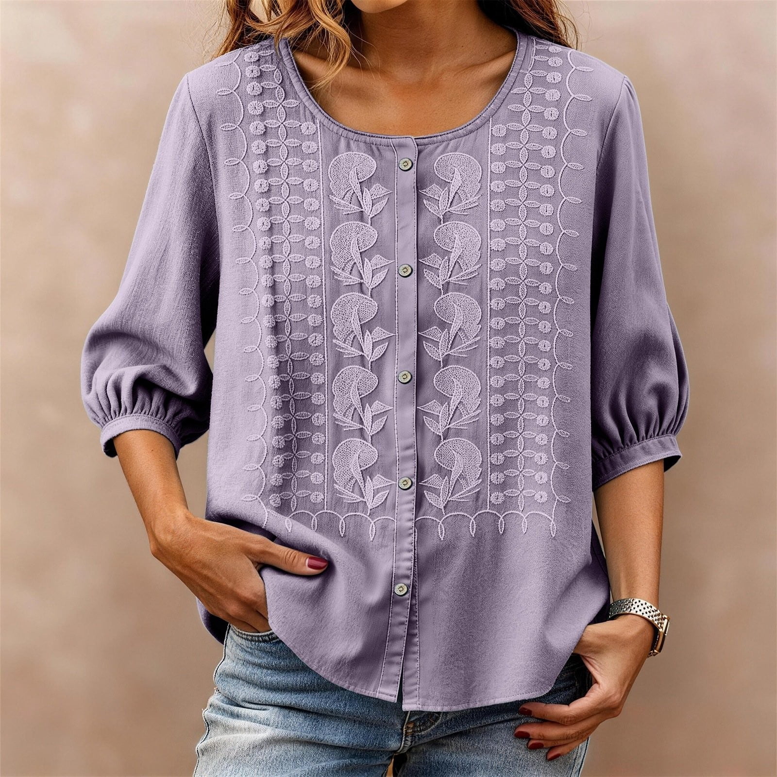 Cotton Linen Shirts for Women Trendy Retro Embroidered 3/4 Sleeve Boho ...
