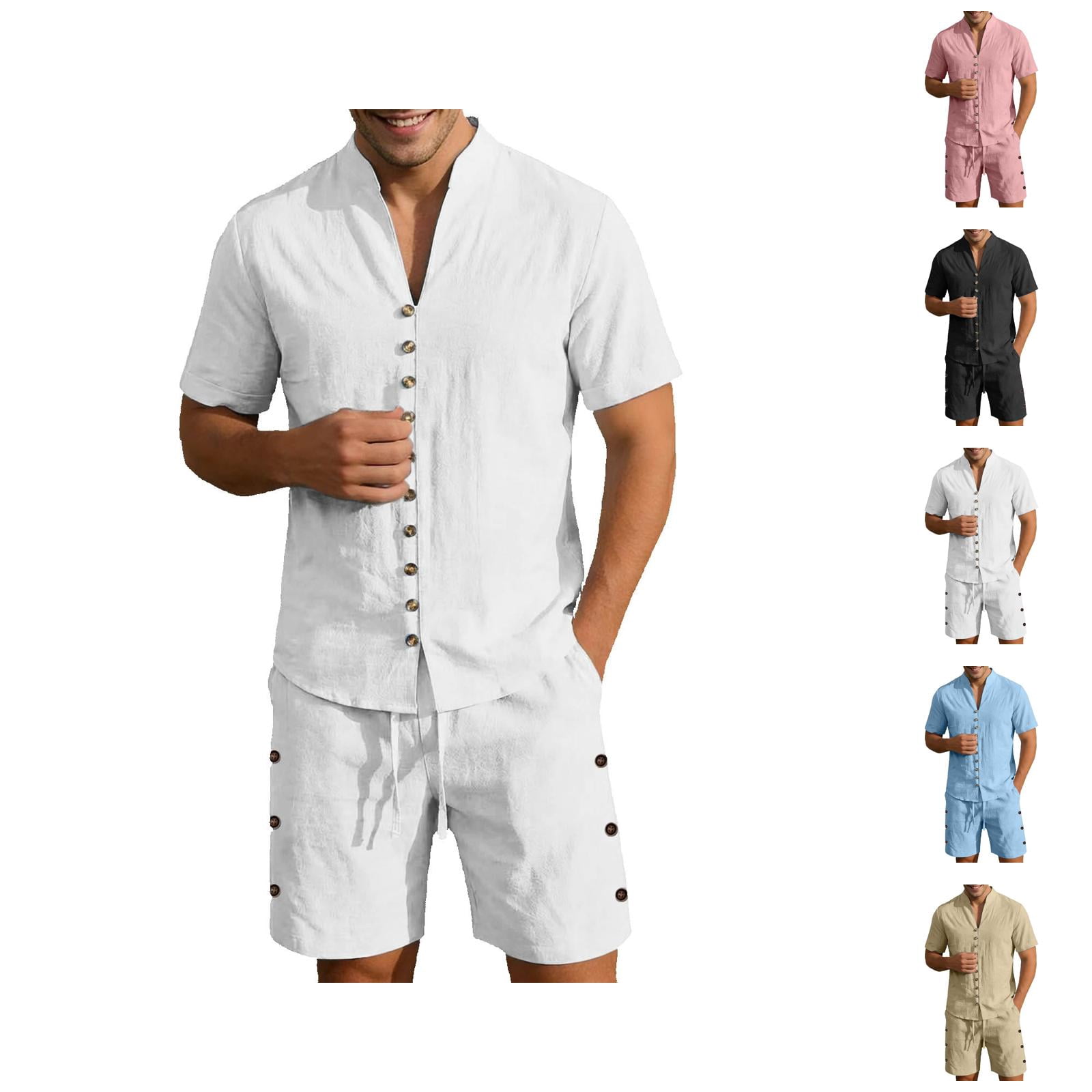 Cotton Linen Short Sets for Men Summer Short Sleeve Button V Neck Stand ...
