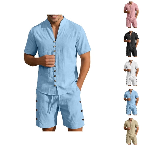 Cotton Linen Short Sets for Men Summer Short Sleeve Button V Neck Stand ...