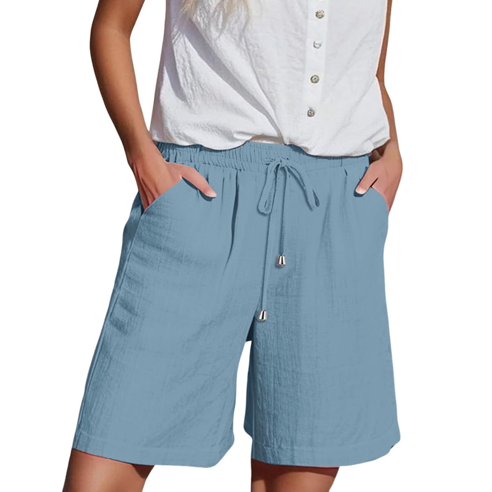 Cotton Linen Shorts For Women，Drawstring Running Pants High Waist ...