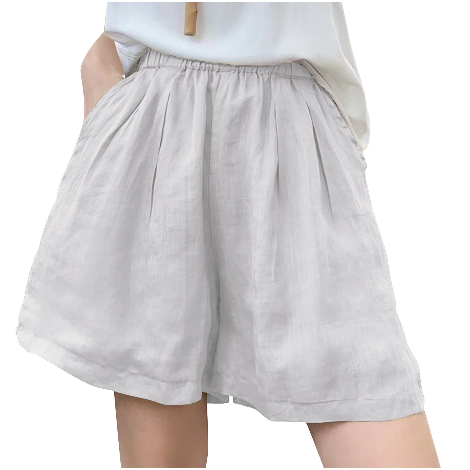 Cotton Linen Shorts for Women Loose Fit Solid Color Elastic High ...