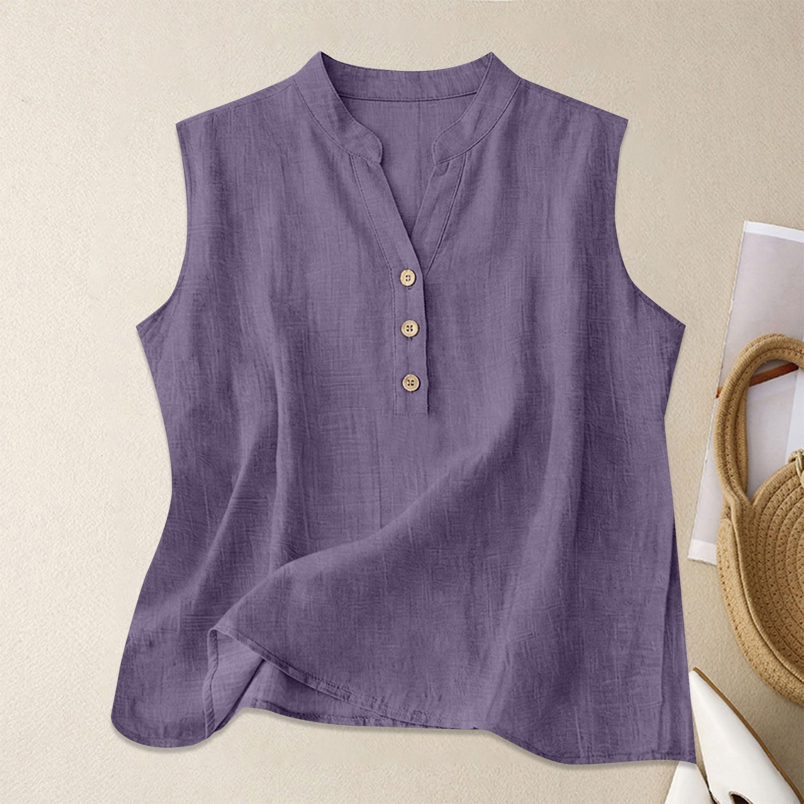 Cotton Linen Sleeveless Tank Tops for Women Loose Fit Button V Neck ...