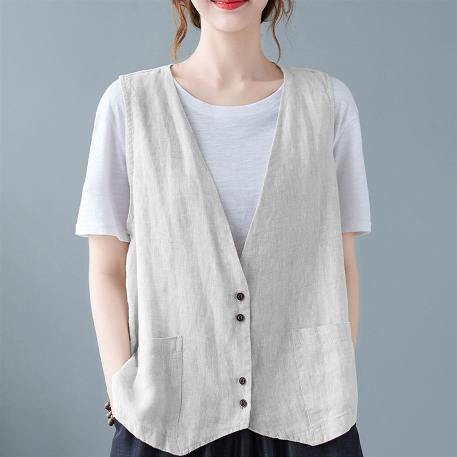 Cotton Linen Sleeveless Vests, Casual Loose Fit, V Neck with Pockets ...