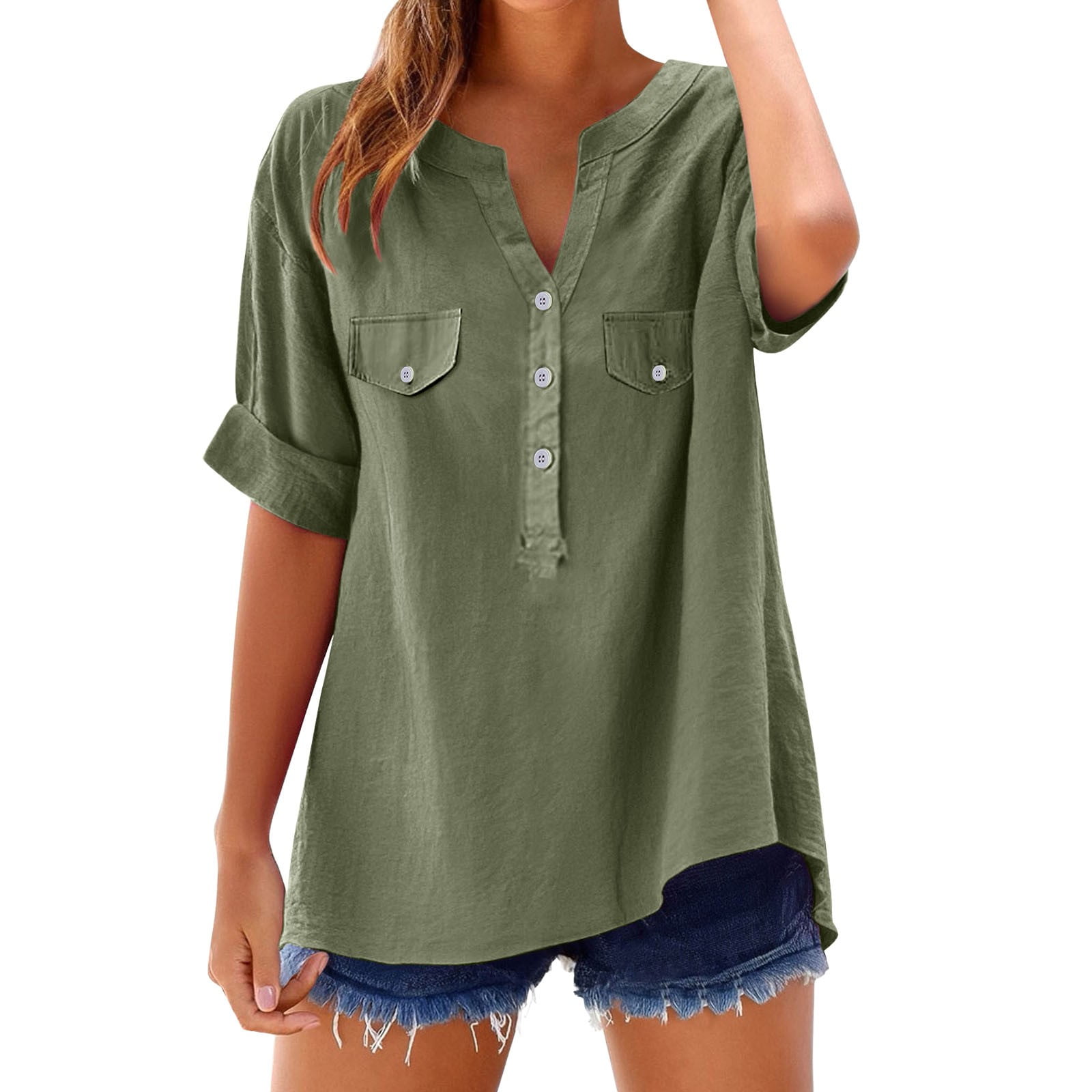Cotton Linen Stand Collar Shirt, Loose Solid Color Medium Sleeve Collar ...