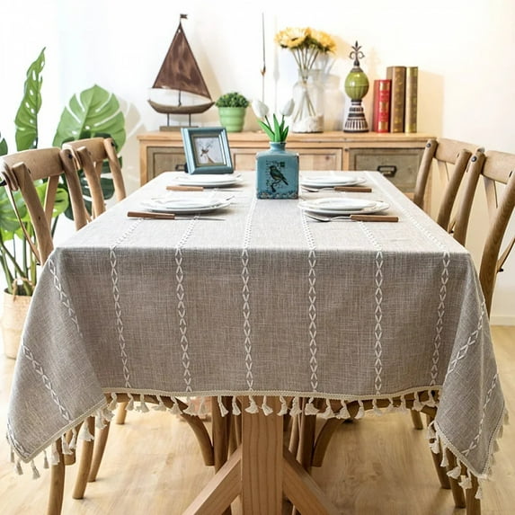 Cotton Linen Stripe Tassel Tablecloth Stain Resistant Dust-Proof Table ...
