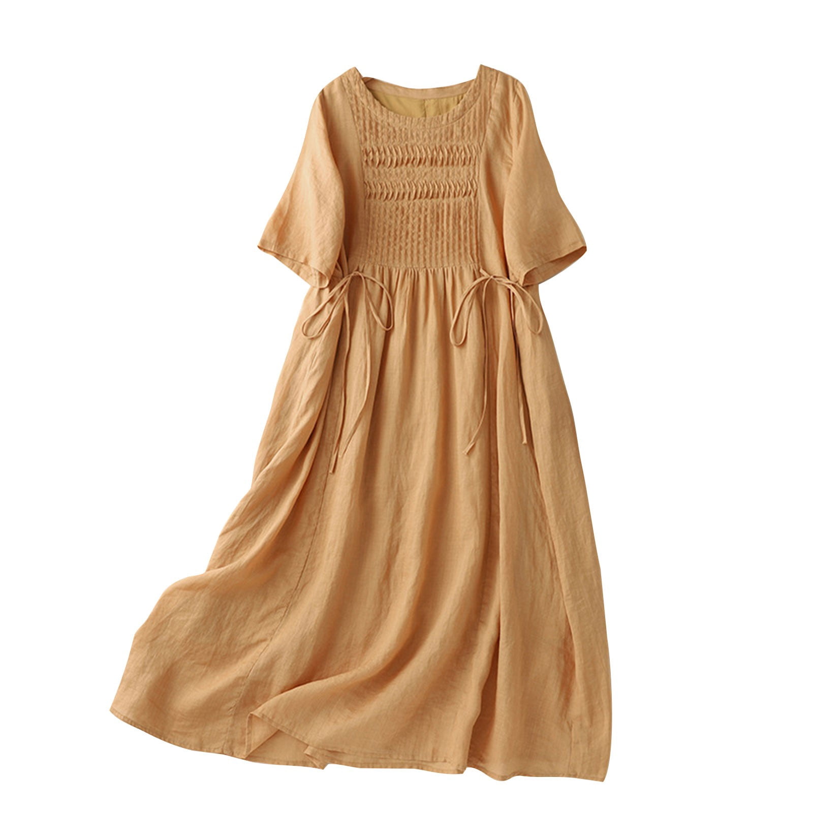 Cotton Linen Summer Spring Dresses for Women Lace Up Waisted Smocked ...