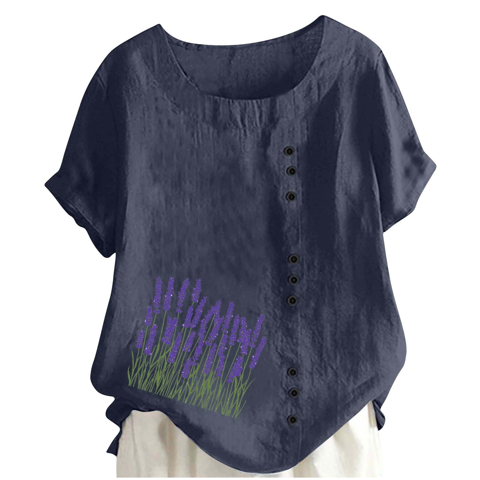 Cotton Linen Summer Tops Women Short Sleeve Floral Printed Loose ...