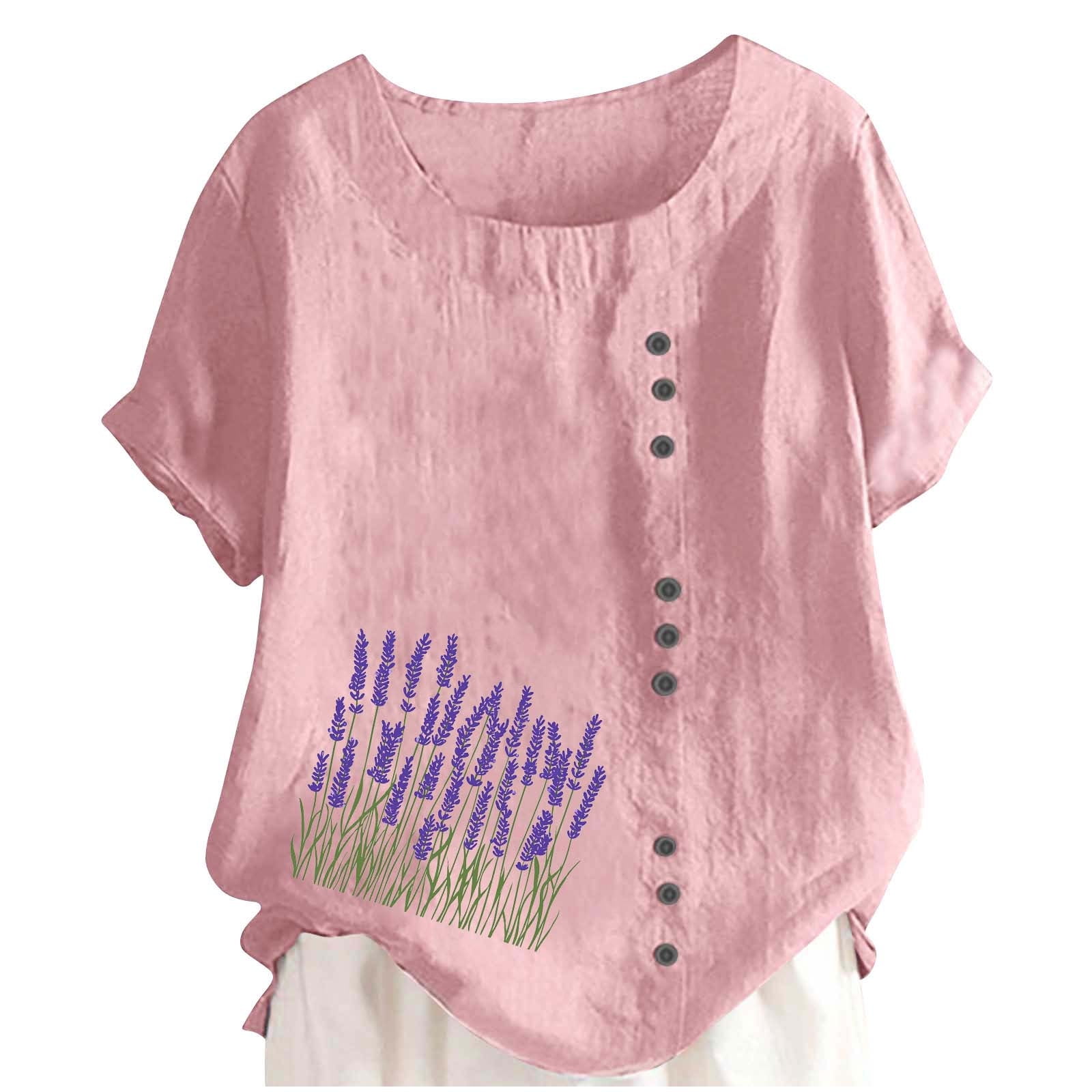 Cotton Linen Summer Tops Women Short Sleeve Floral Printed Loose ...