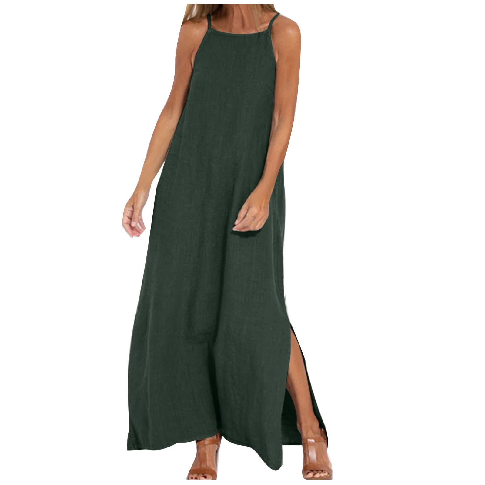 Cotton Linen Sundresses for Women 2025 Spaghetti Strap Maxi Tank Dress ...