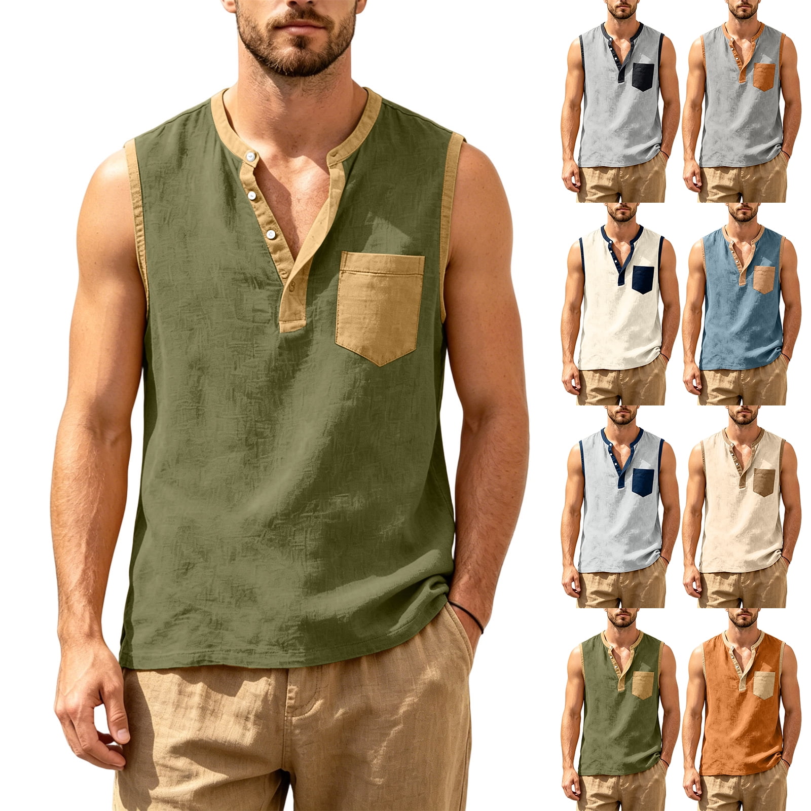 Cotton Linen Tank Tops for Men Muscle Workout Henley Shirts Summer ...