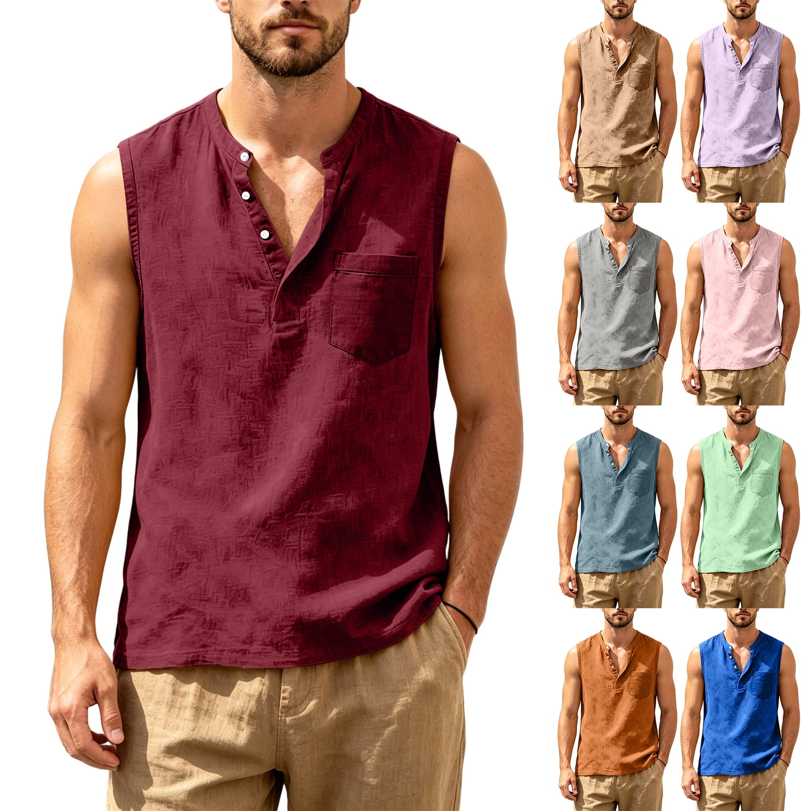 Cotton Linen Tank Tops for Men Sleeveless Muscle Workout Henley Shirts ...