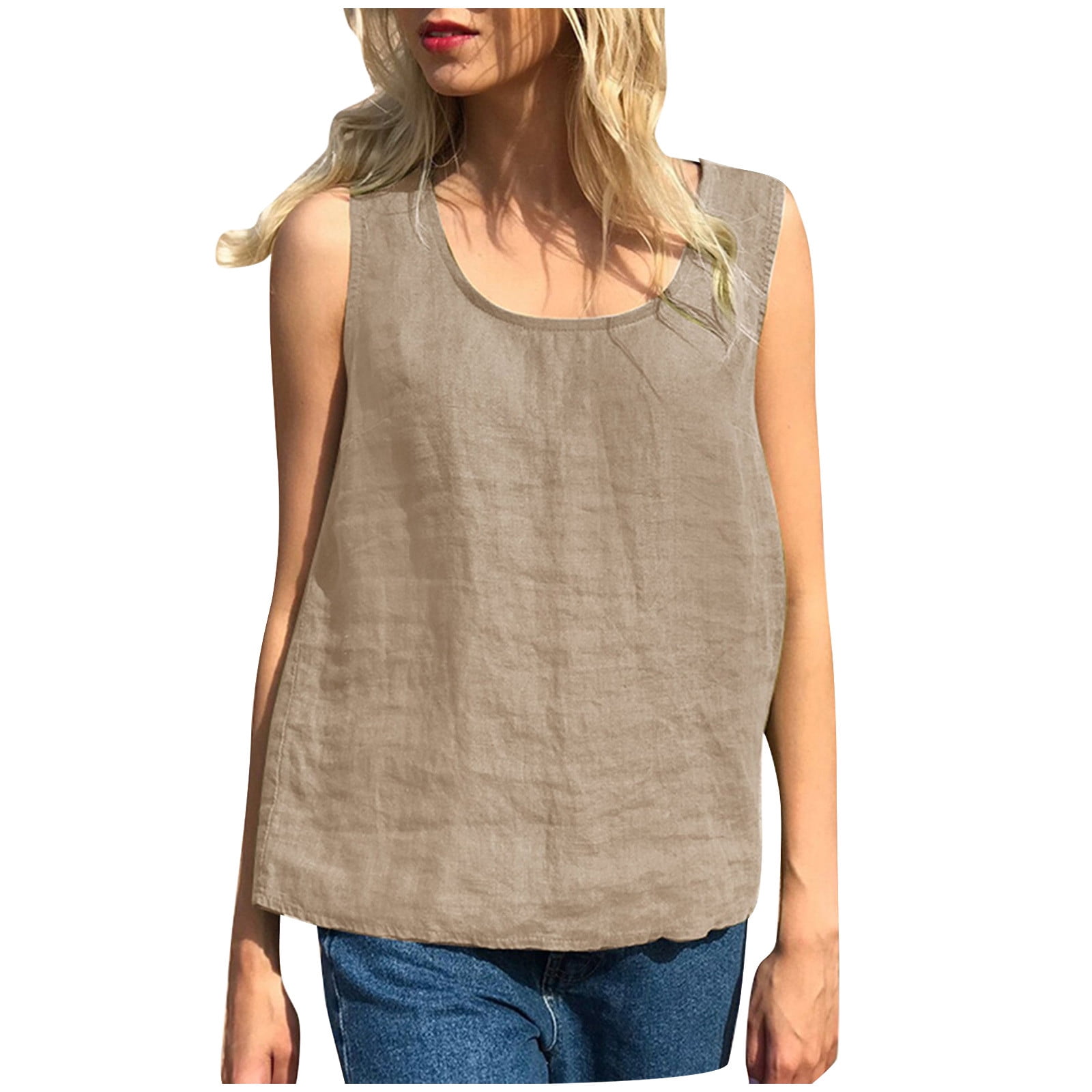 Cotton Linen Tank Tops for Women Casual Crewneck Sleeveless Shirts ...