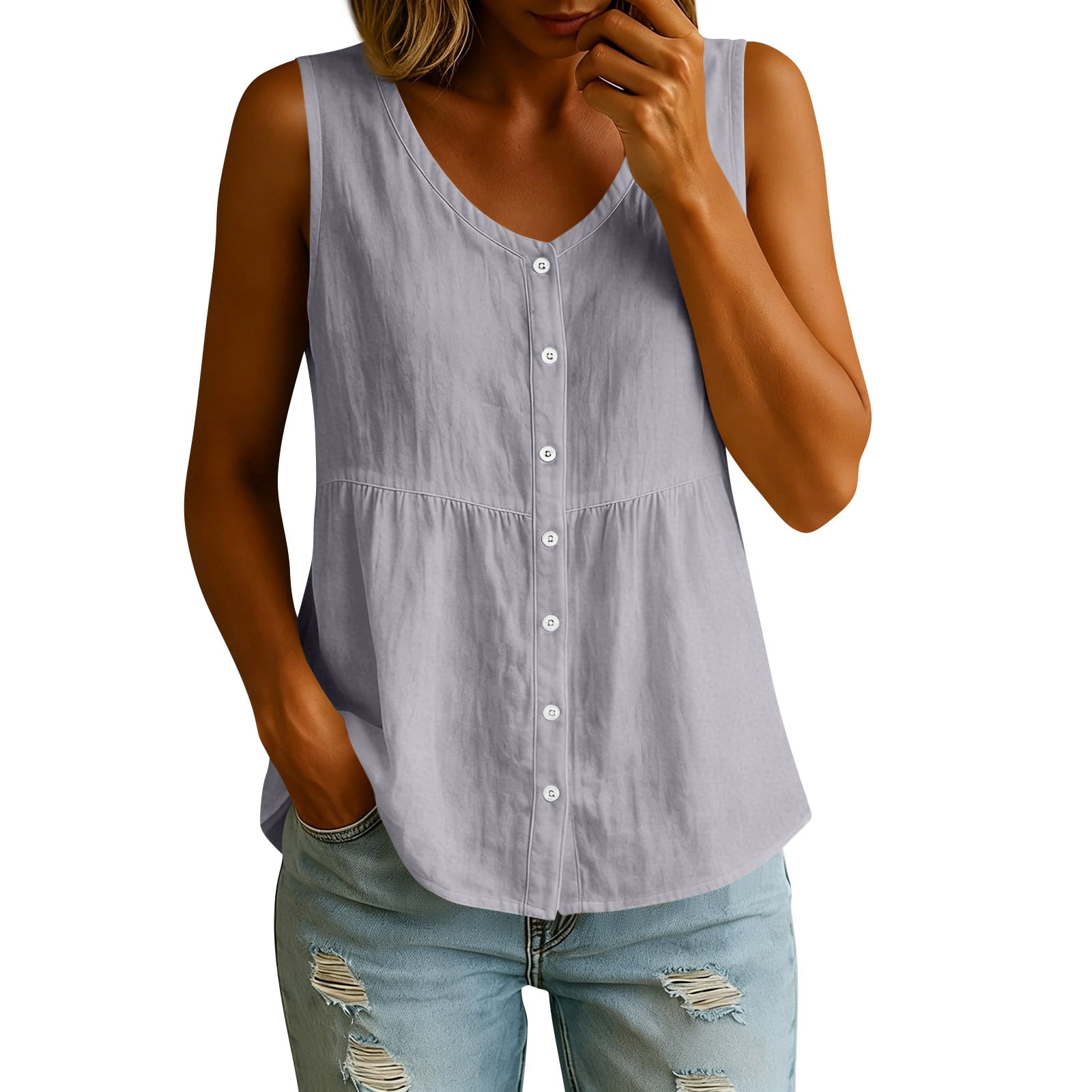 Cotton Linen Tank Tops for Women Empire Waist Button Down Blouses V ...