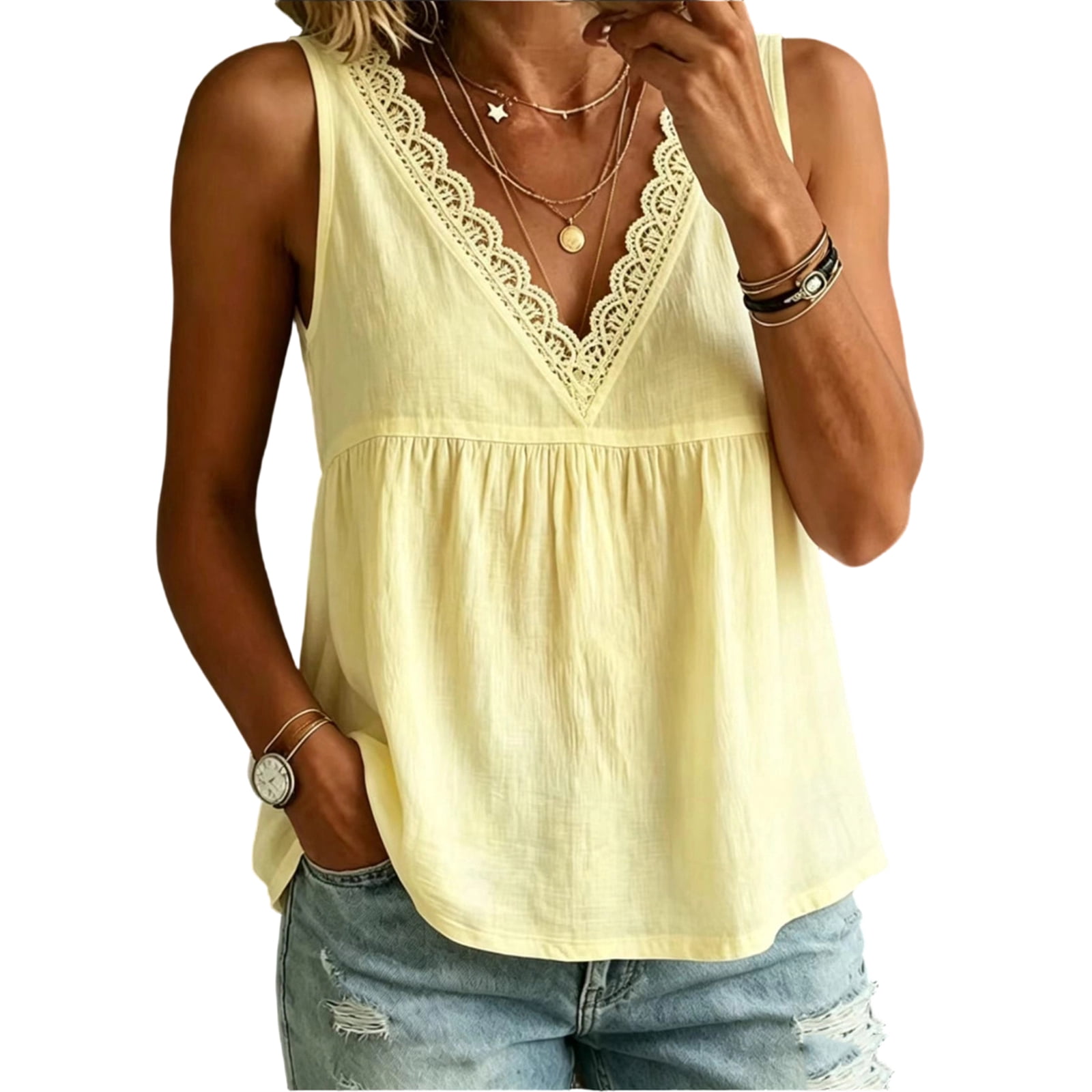 Cotton Linen Tank Tops for Women Empire Waist Button Down Blouses V ...