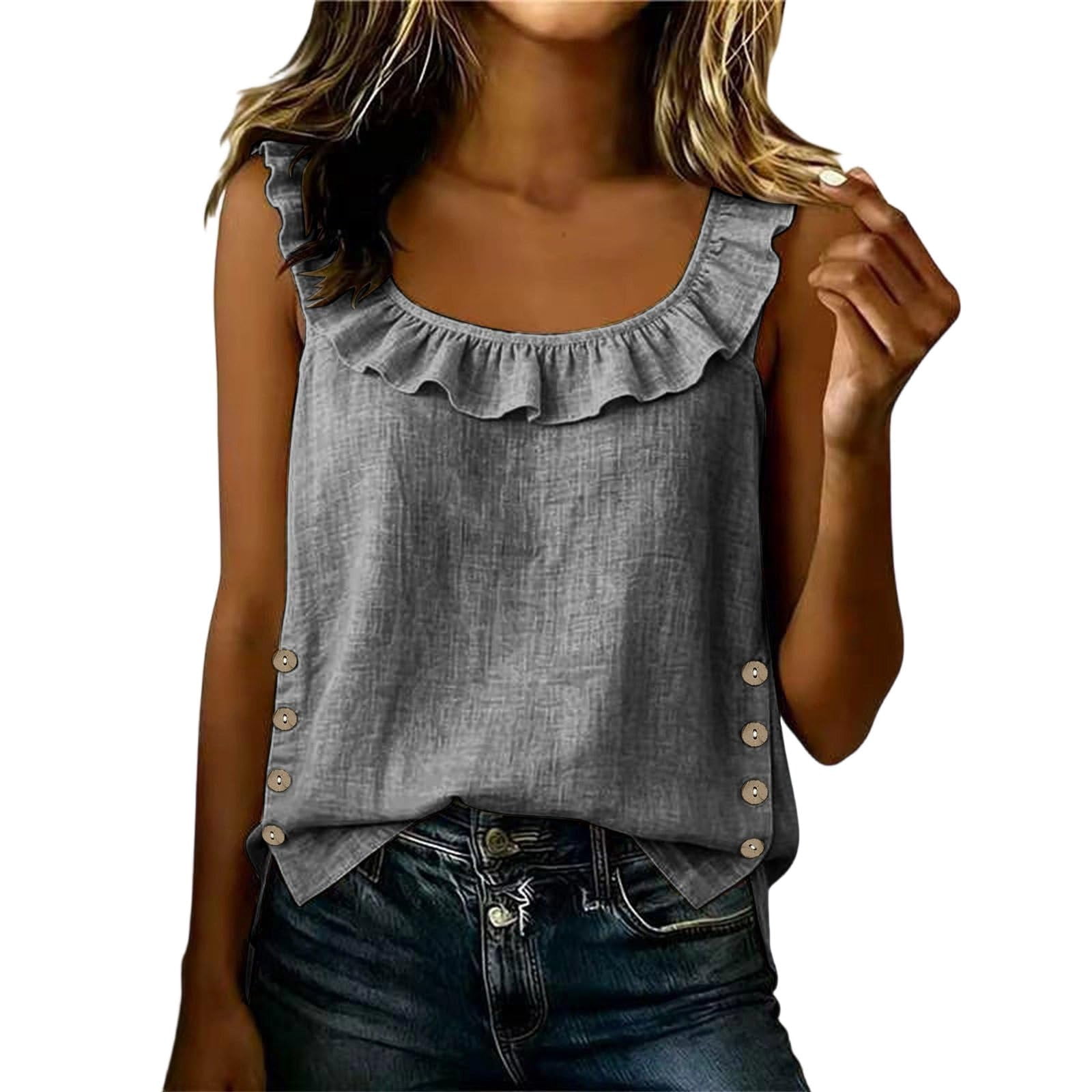 Cotton Linen Tank Tops for Women Ruffle Scoop Neck Side Button ...