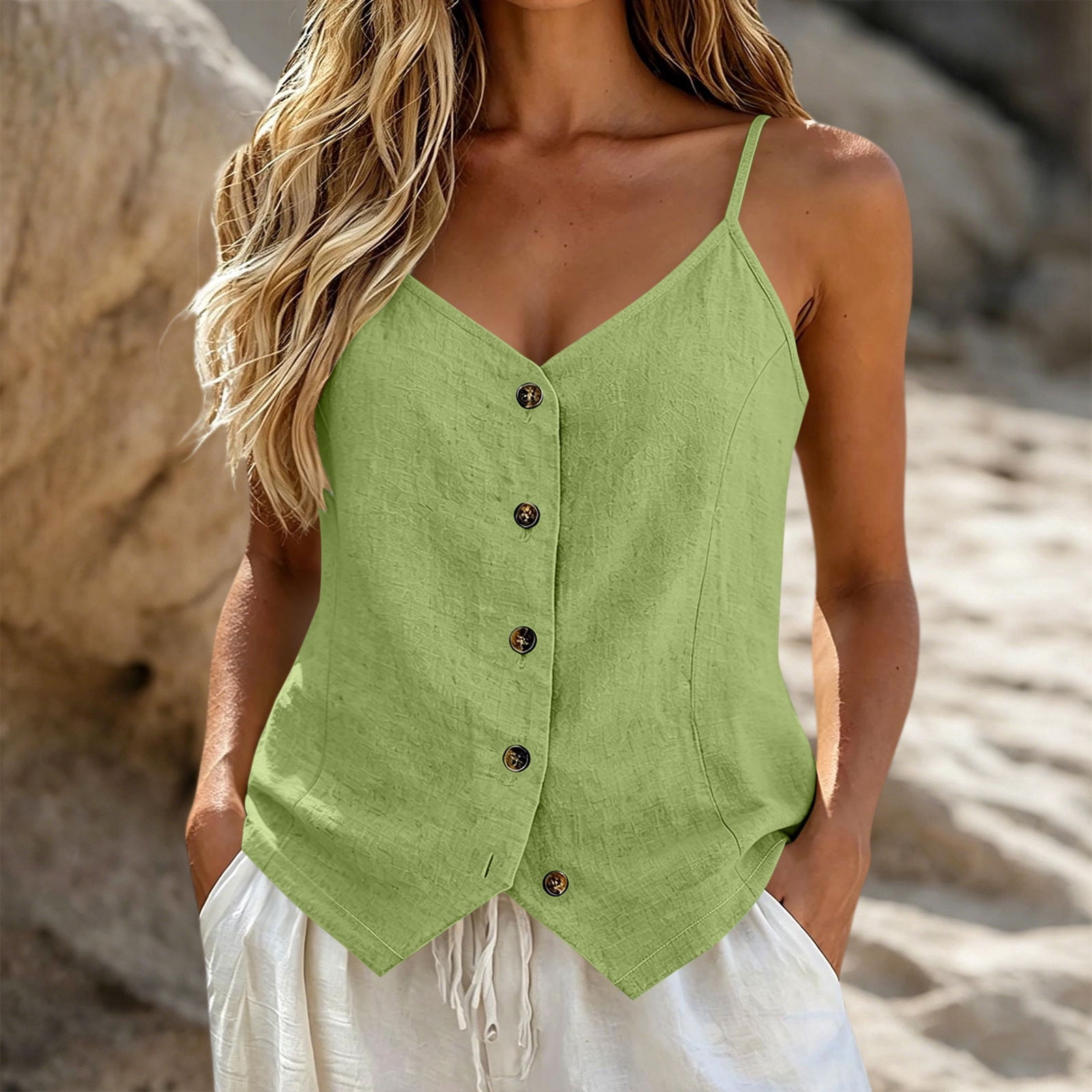 Cotton Linen Tank Tops for Women Spaghetti Strap Loose Fit Camisole ...