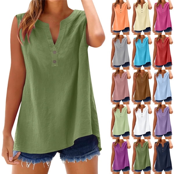 Cotton Linen Tank Tops for Women Summer Sleeveless Button Down Shirts ...