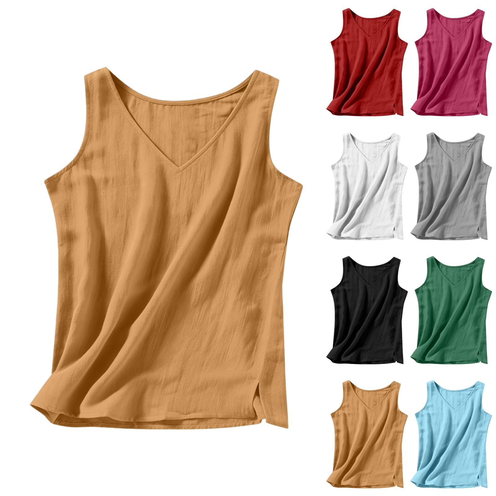 Cotton Linen Tank Tops for Women V Neck Casual Cami Sleeveless Blouses ...