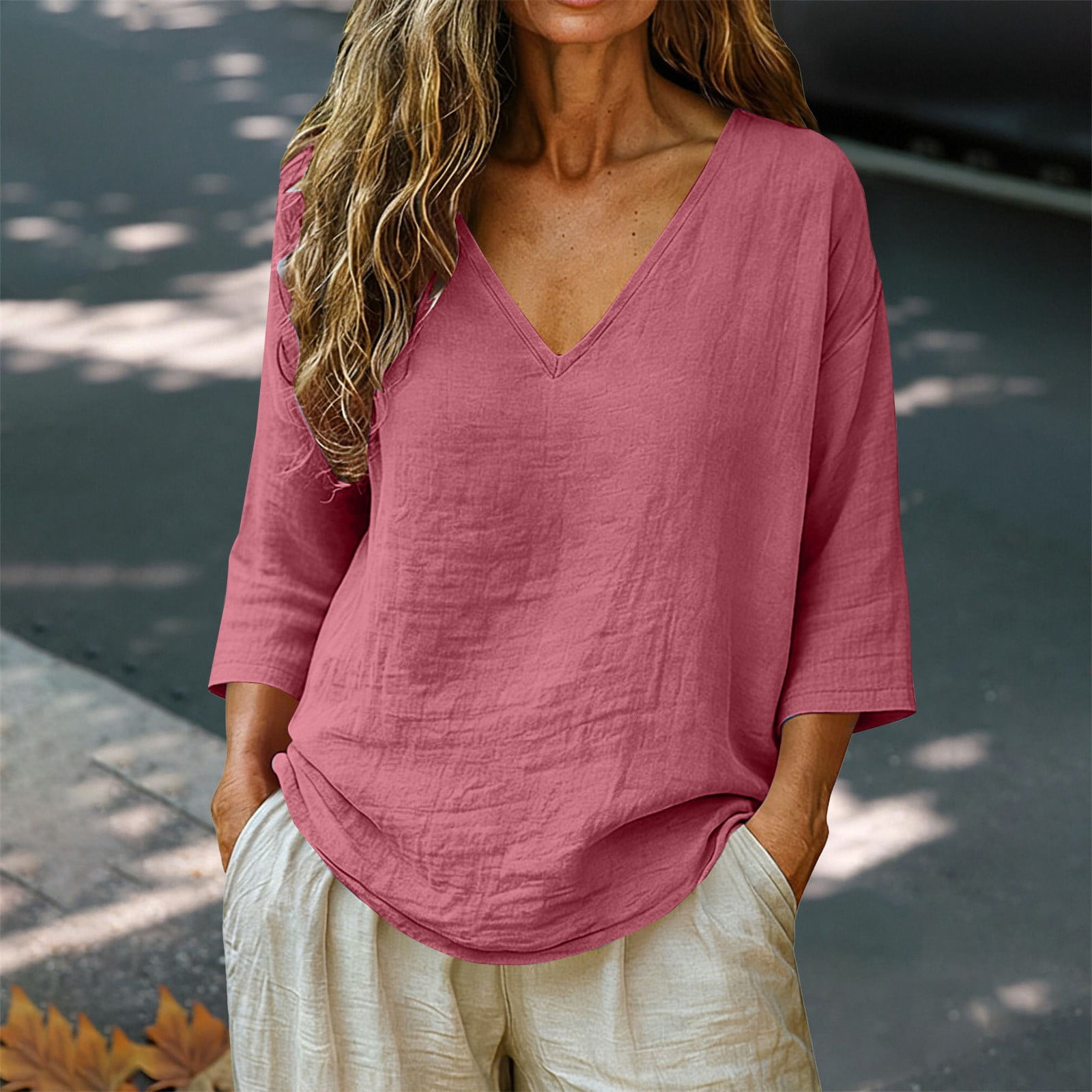 Cotton Linen Tops V Neck Vintage Shirts for Women Long Sleeve T-Shirt ...