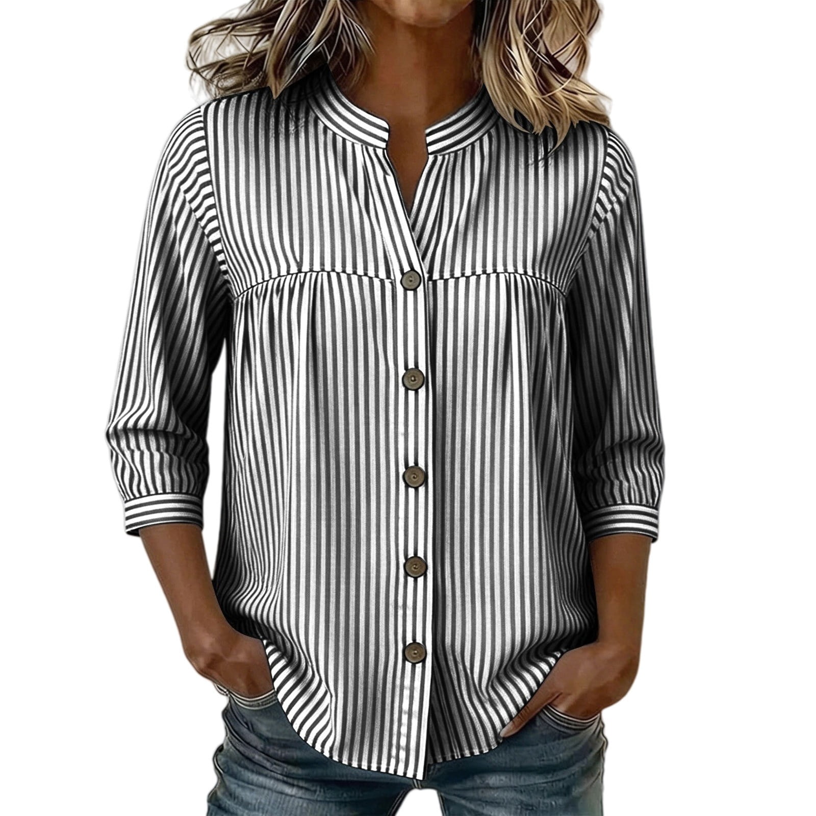 Cotton Linen Tops for Women Soft 3/4 Sleeve Button Down V Neck Summer ...