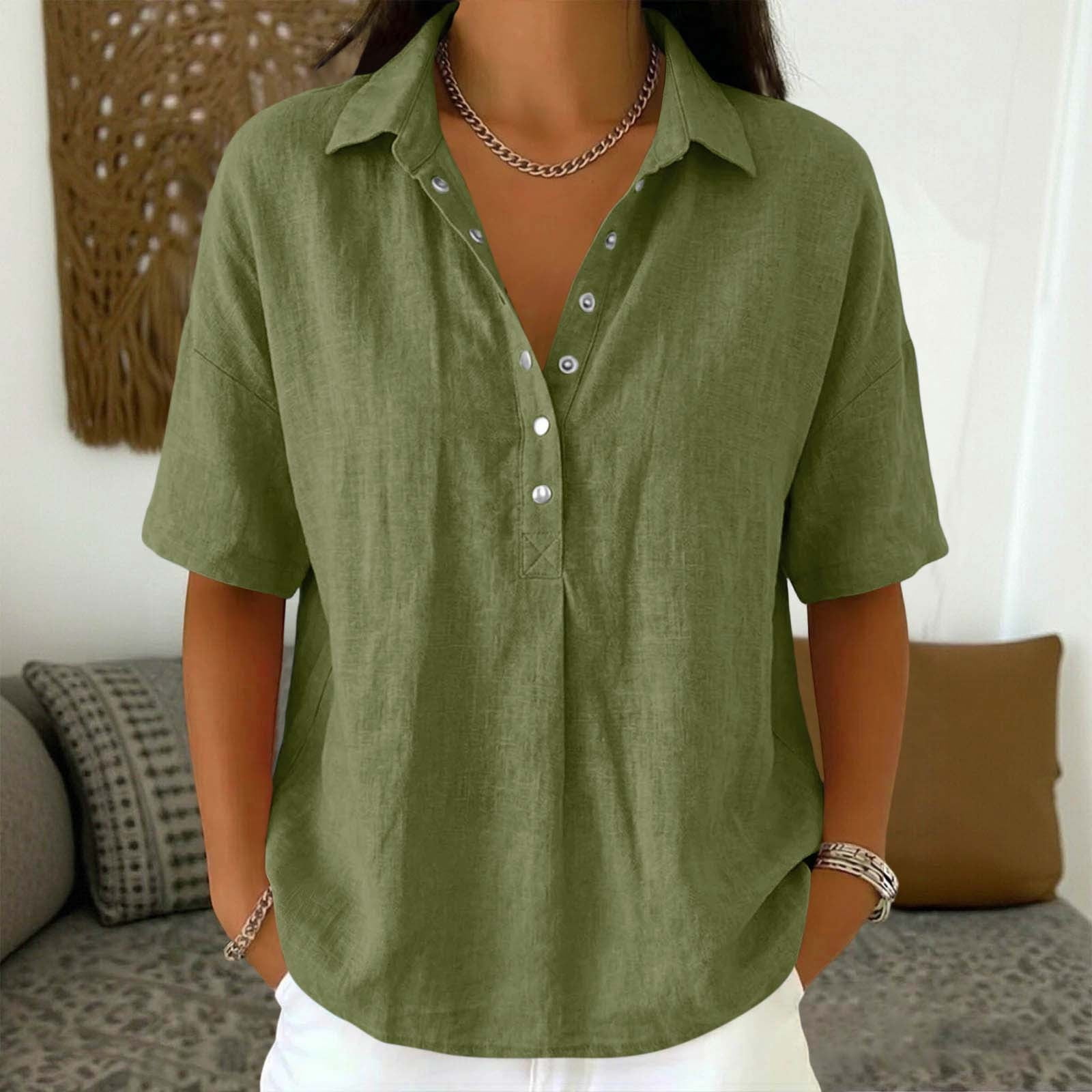 Cotton Linen Tops for Women 2026 Plus Size Half Sleeve V Neck Gauze ...